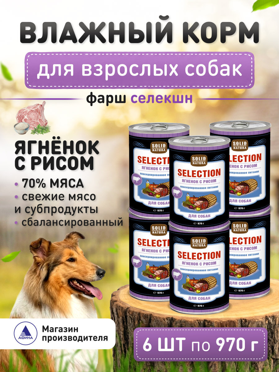 Влажный корм для собак Solid Natura Selection Ягненок с рисом, упаковка 6 шт х 970 г
