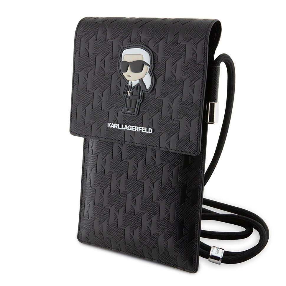 Karl Lagerfeld сумка для смартфонов до 160 х 100 мм, Saffiano NFT Karl Ikonik metal, с ремешком через плечо, черная