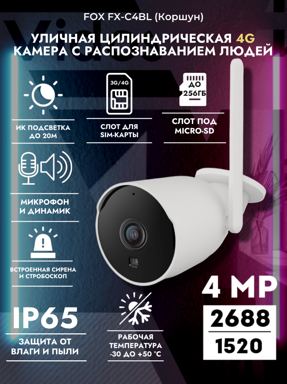 Fox FX-C4BL (Коршун) 4Мп Уличная LTE камера встроенный динамик и микрофон