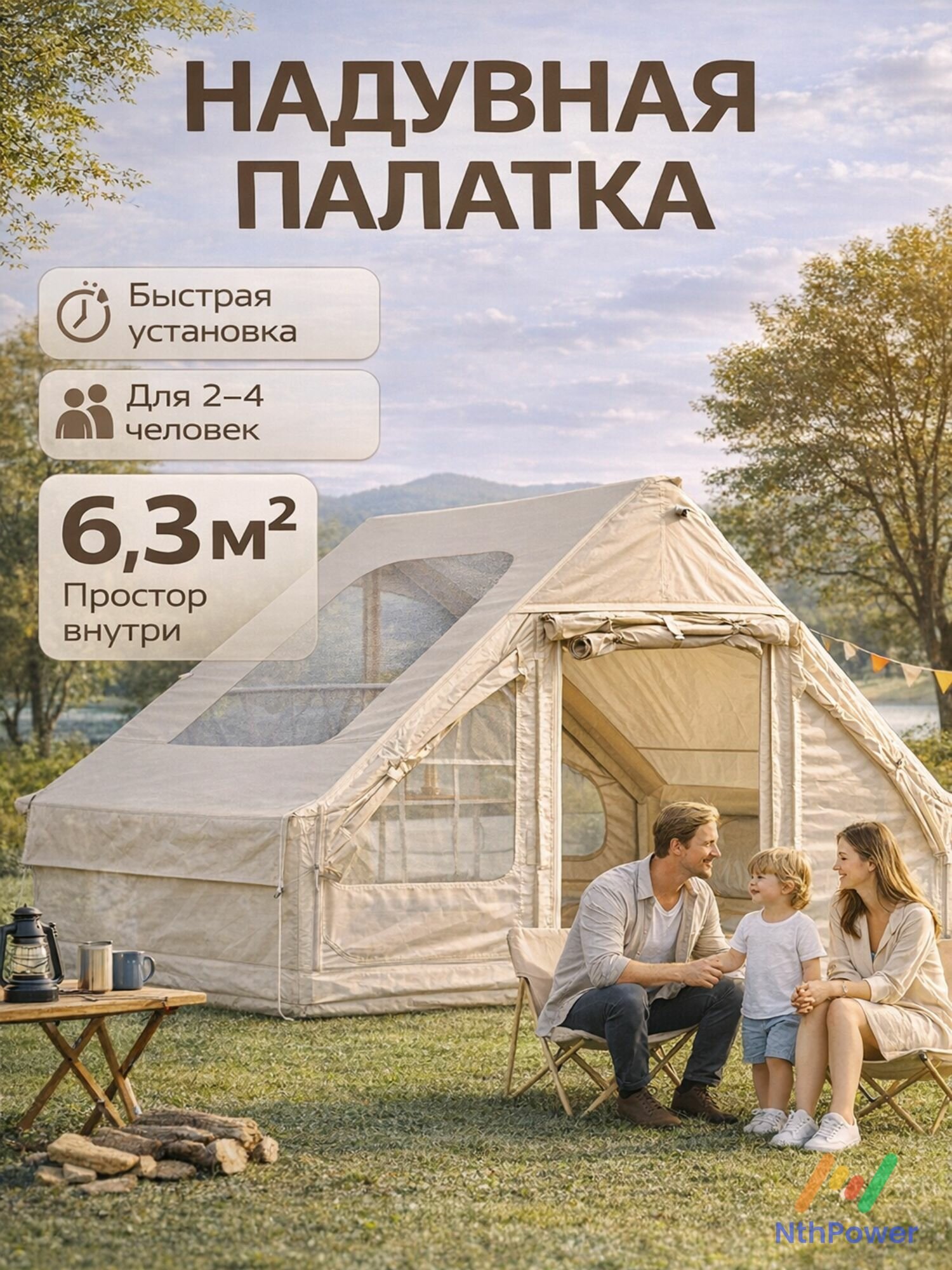 Семейная надувная палатка 300 210 200 см, 4-местная, быстрая установка, большое окно на крыше, каркас 12 см