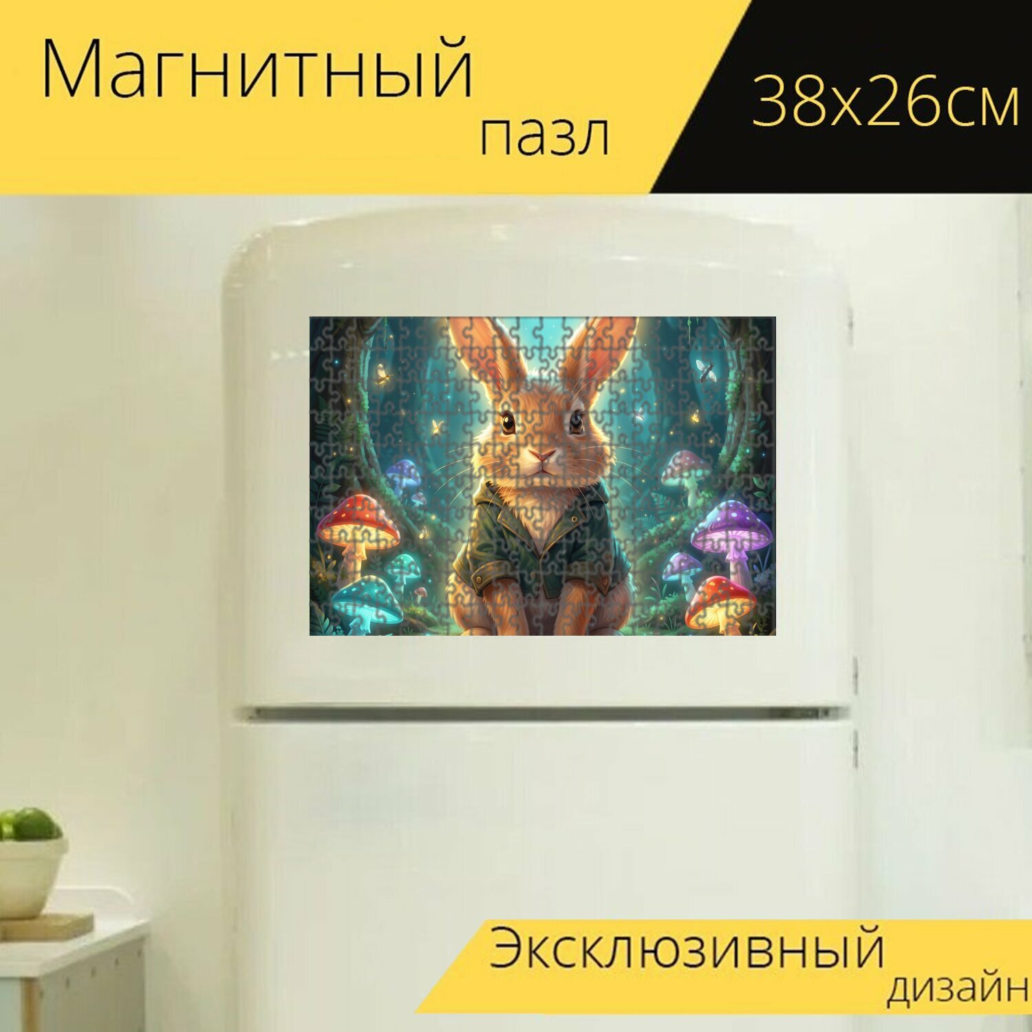 Магнитный пазл "Заяц в волшебном лесу. Милый кролик в зеленой куртке сидит среди светящихся грибов и лесных огоньков. Сказочная цифровая иллюстрация в." для интерьера, 38х26 см.