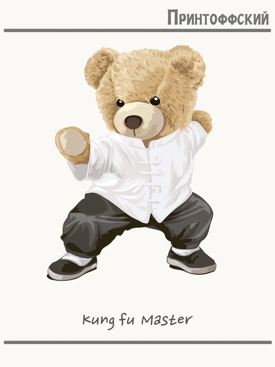Термонаклейка для одежды и аксессуаров DTF-печать кунг фу мишка kung fu master
