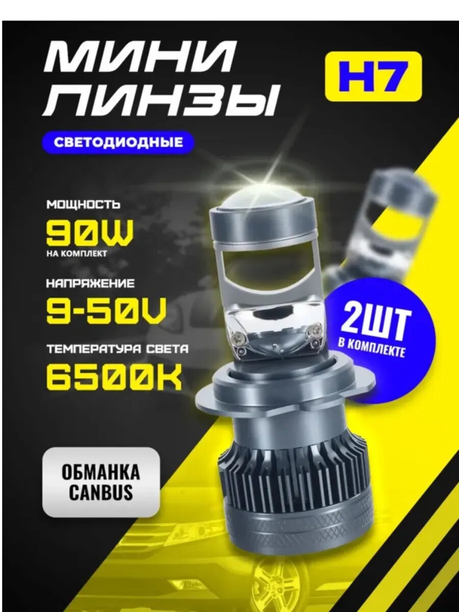 Лампы автомобильные светодиодные мини линзы H7 LED 90Вт