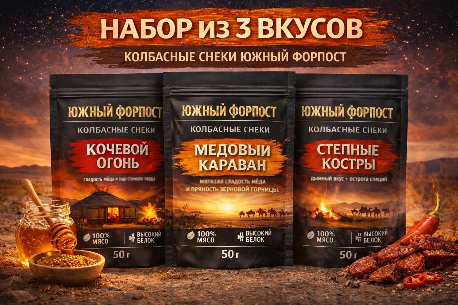 Премиум набор колбасных снеков «Южный Форпост» 3 вкуса, новинка