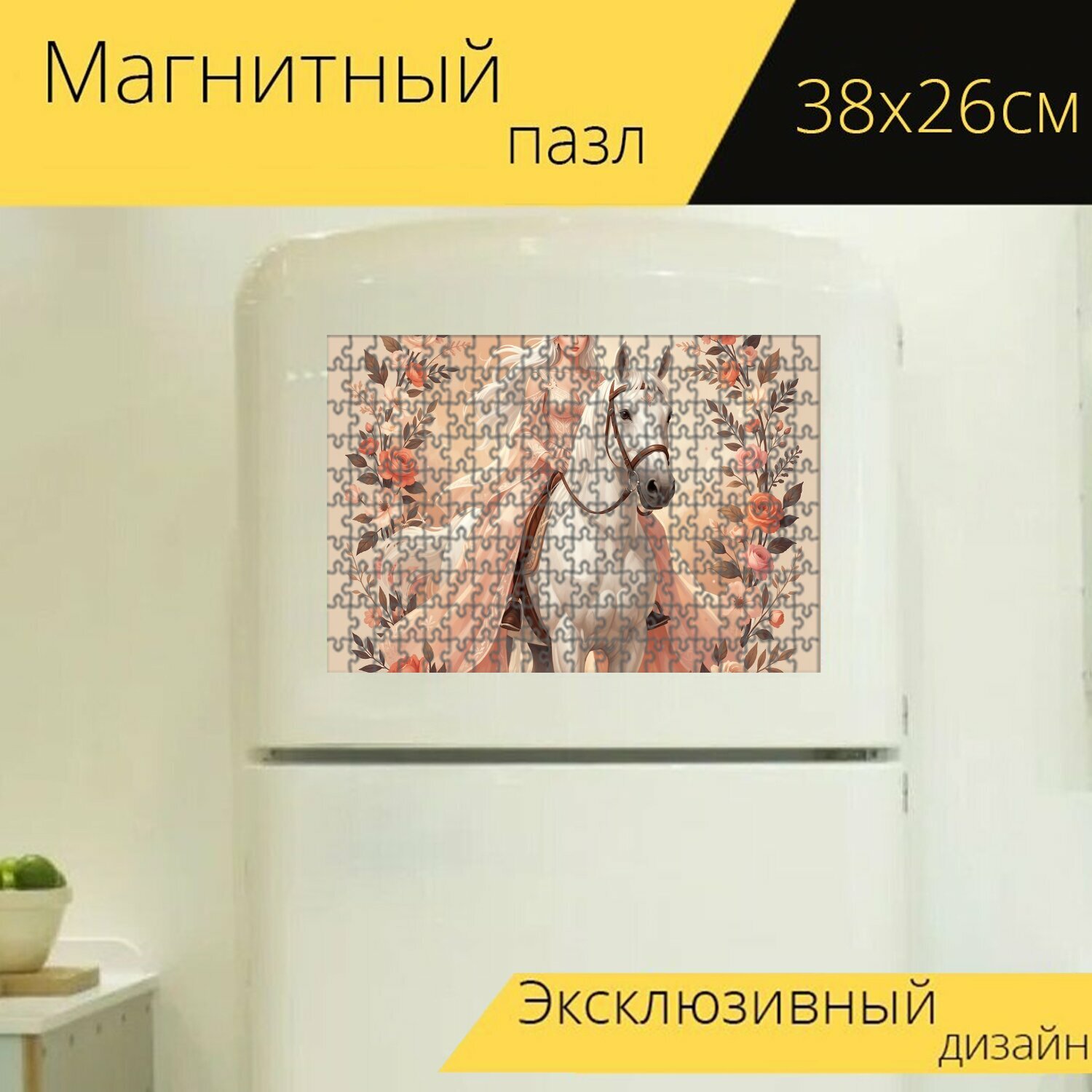 Магнитный пазл "Девушка на белой лошади. Нежная сказочная иллюстрация с прекрасной всадницей в воздушном персиковом платье на светлом скакуне. Цветочный." для интерьера, 38х26 см.