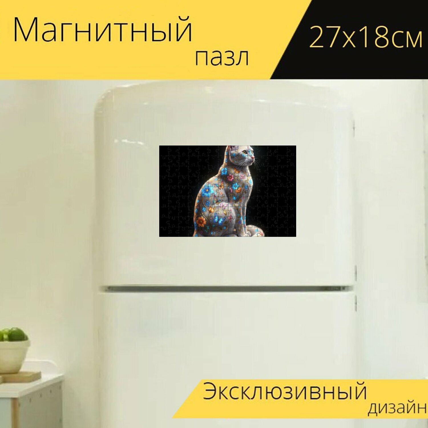 Магнитный пазл "Белая кошка с цветочным узором. Изящная белоснежная кошка в профиль с ярким флоральным орнаментом, бабочками и золотыми завитками." на холодильник 27 x 18 см.
