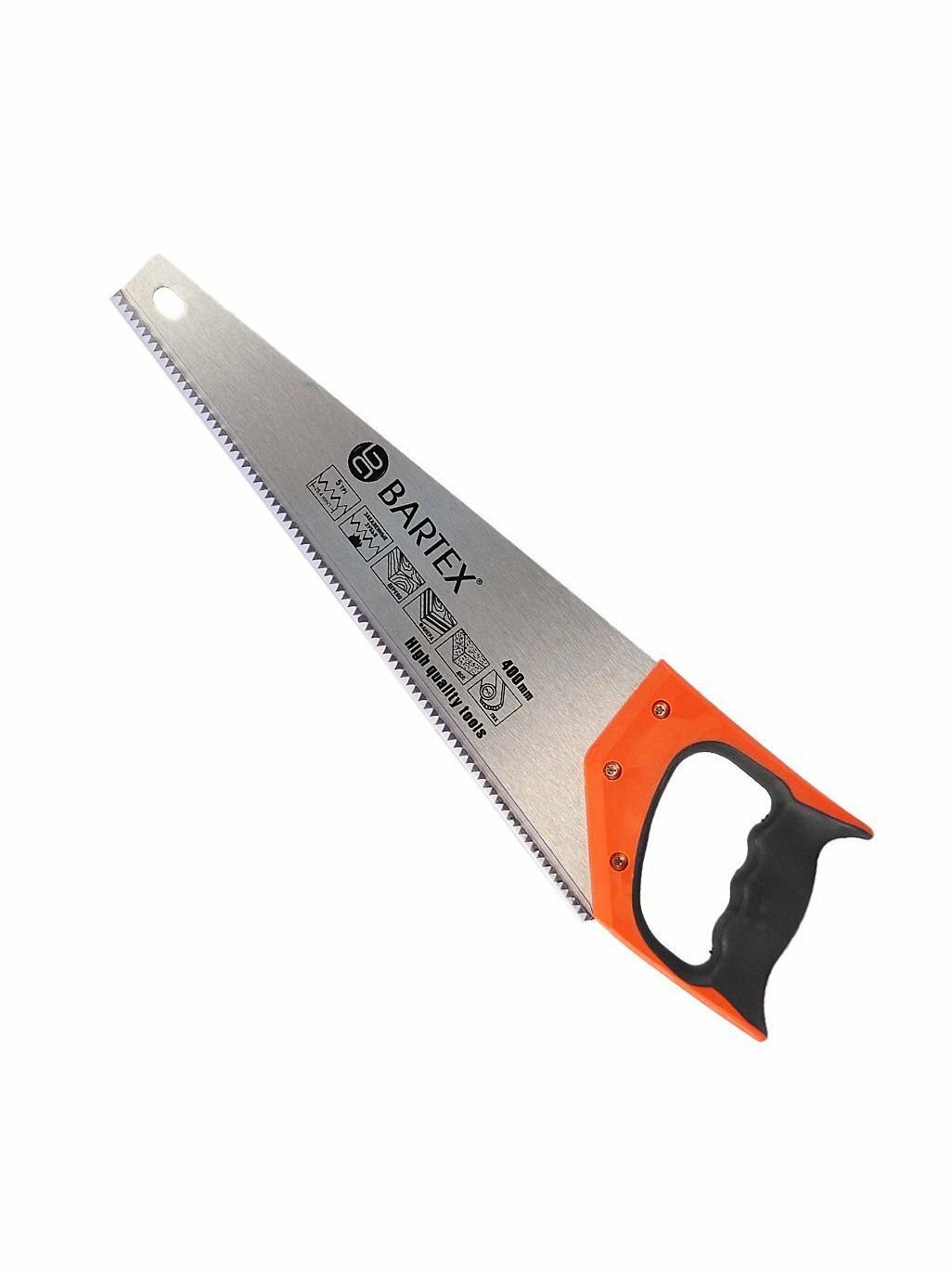 Ножовка по дереву Bartex 400 мм с закаленными зубьями 5 TPI и двухкомпонентной прорезиненной рукояткой для столярных работ.