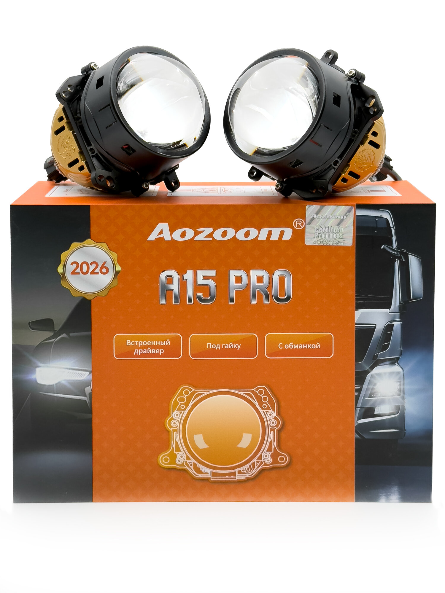 Светодиодные Bi-LED линзы Aozoom A15 PRO 2026 4300k для адаптивных фар Mazda CX-5 2011-2015 / Теплый свет / Линзы на Мазда СХ-5