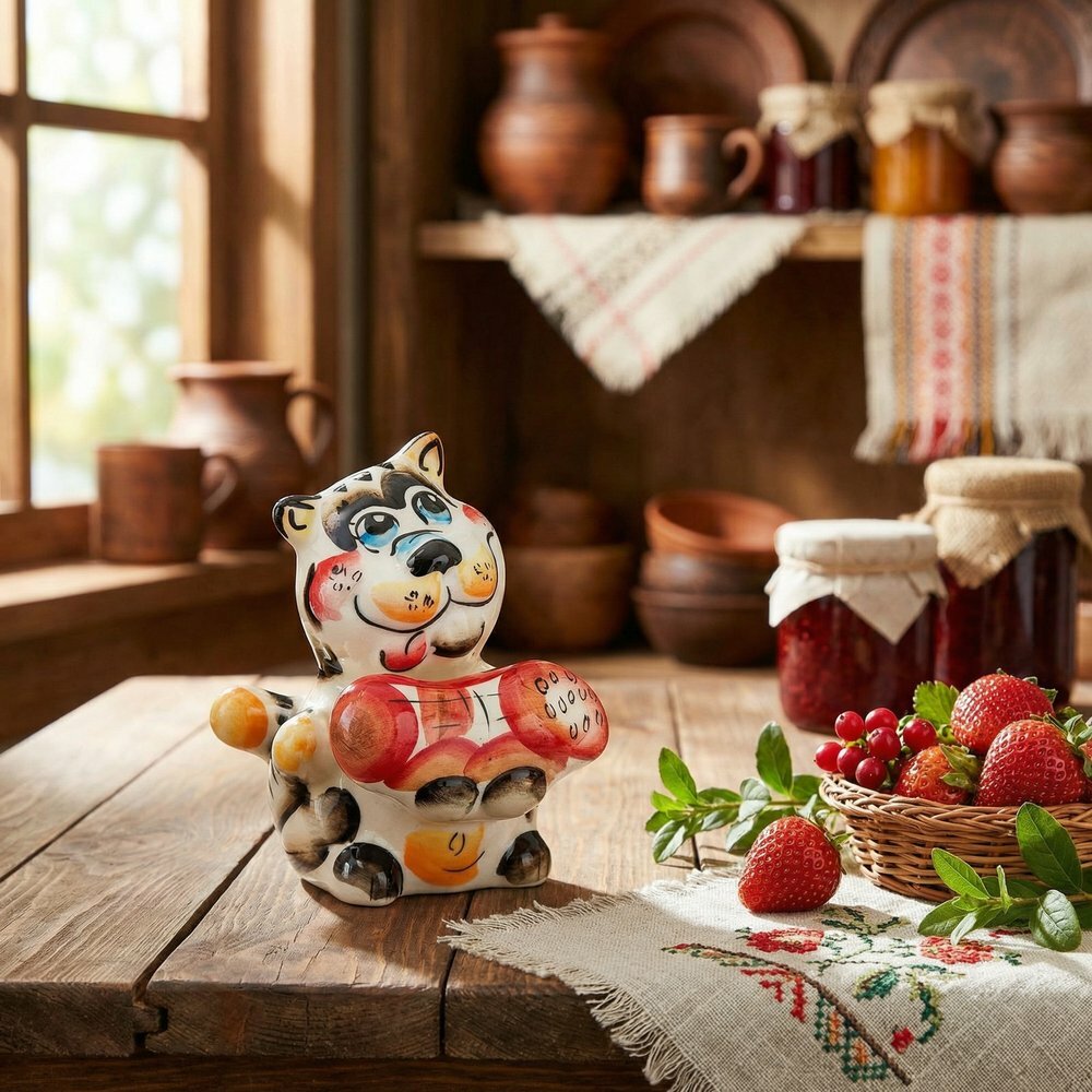 Фигурка Кот с колбасой цв. ГЛ-155 Народные промыслы Фарфор