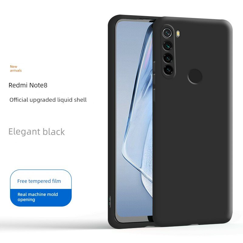 Жидкий силиконовый чехол с полным покрытием для Xiaomi Redmi Note 8 в нейтральном черном цвете с закаленным стеклом