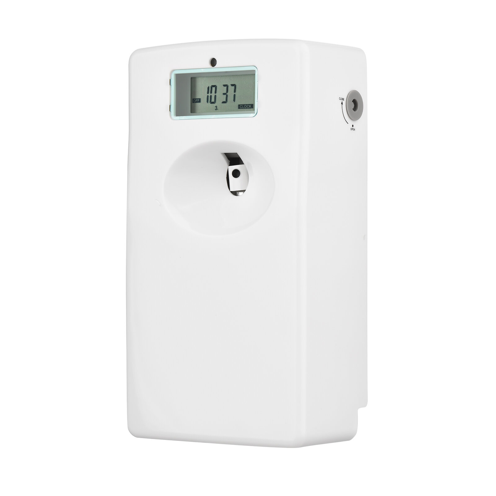 Wall-Mounted Programmable Air Freshener Automatic Fragrance Spray Dispenser 330ml with LCD Display Screen White ABS 4*AAA batteries Day/night/24 hours 7.5/15/30/60 minutes 21*11.5*6.8m 400g for Home Hotel Office
