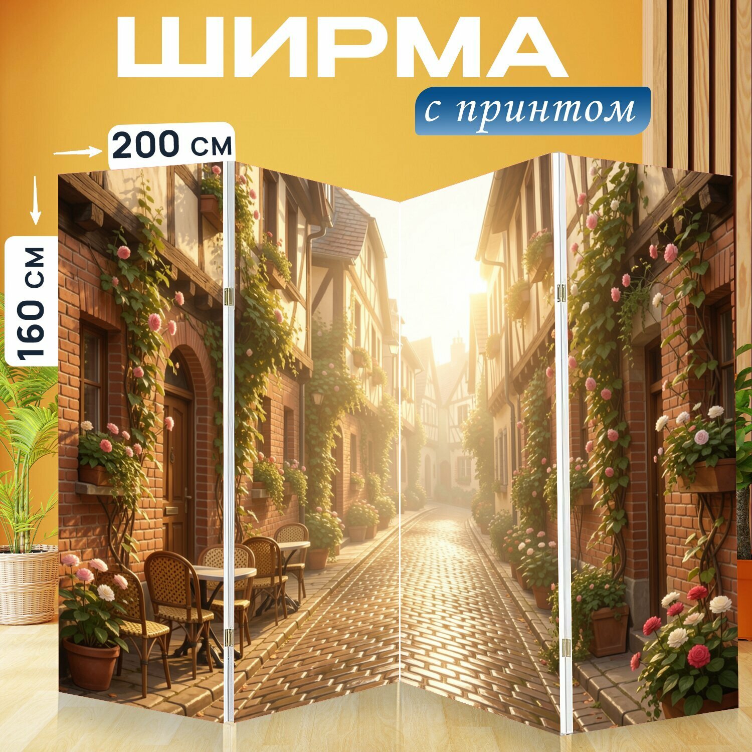 Ширма "Уютная европейская улочка с цветами. Старинный переулок с фахверковыми домами, мощёной дорогой." перегородка для зонирования комнаты с принтом 200x160 см. на холсте