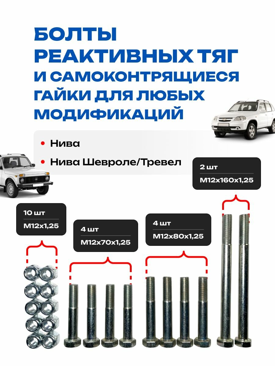 Болты и самоконтрящиеся гайки реактивных тяг для нива 2121, 21213, 21214, нива шевроле/Тревел