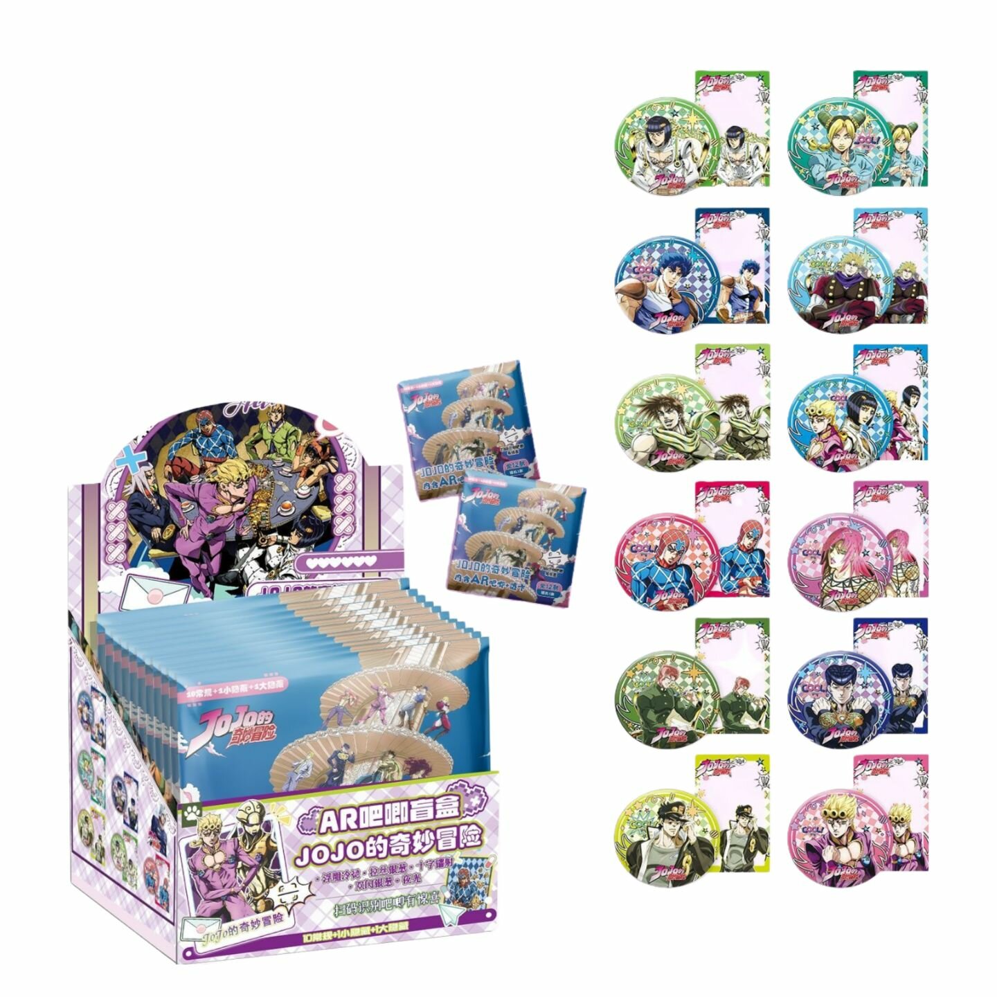 Значки аниме JoJo 12 шт. 75 мм — коллекционный blind box с PVC-картами, металлические брелоки на рюкзак, одежду