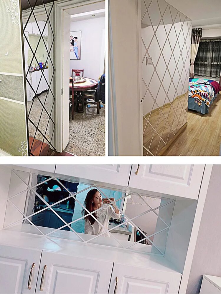 Декор настенный"ромб", зеркальная акриловая наклейка,25*50 см,10шт, серебро