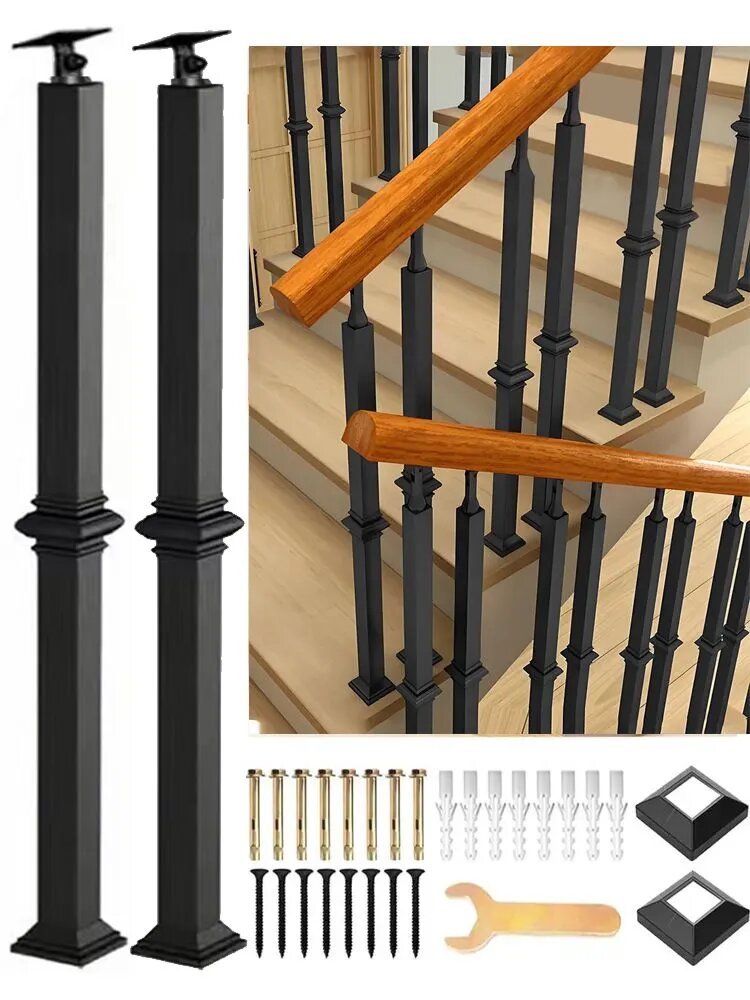 2 шт черные металлические перила для лестничных ограждений, Стойки для перил, балконов, террас, веранд, кованые(наружные/внутренние, из дерева и бетона)