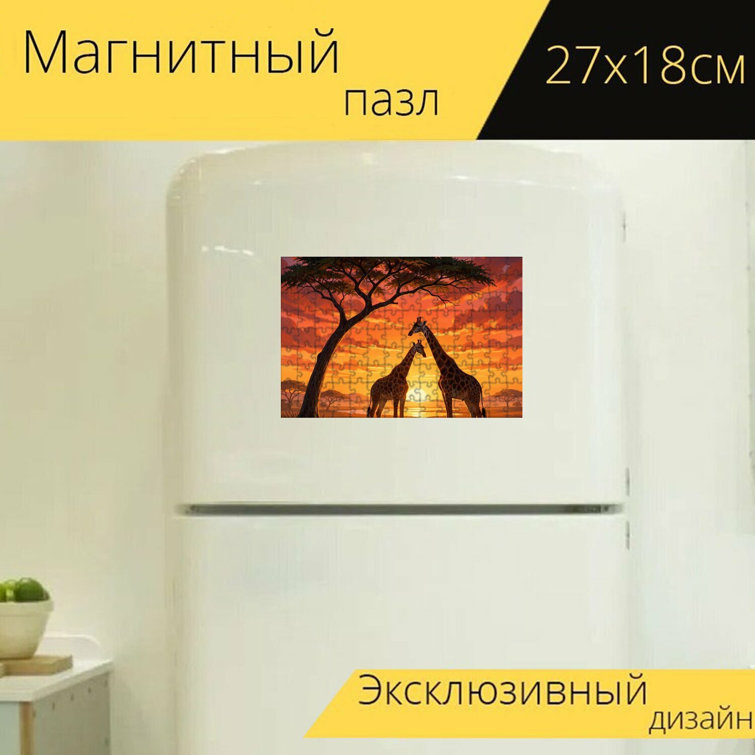 Магнитный пазл "Жирафы в саванне на закате. Африканский пейзаж с парой длинношеих животных у акации, оранжево-красное небо, солнце у горизонта, силуэты." на холодильник 27 x 18 см.