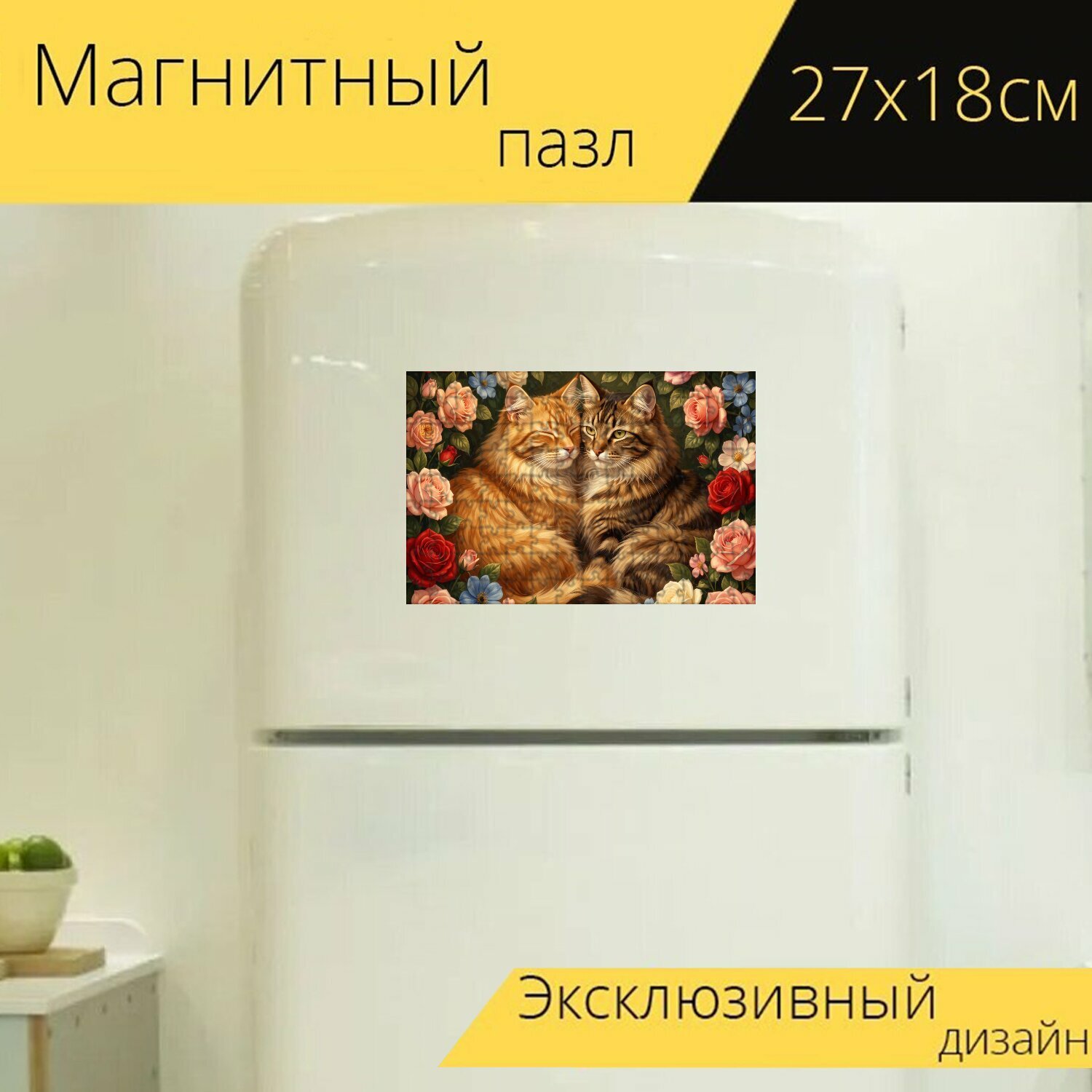 Магнитный пазл "Два пушистых кота среди роз. Романтичная иллюстрация с парой длинношерстных кошек в цветочном обрамлении. Красные, кремовые, розовые." на холодильник 27 x 18 см.