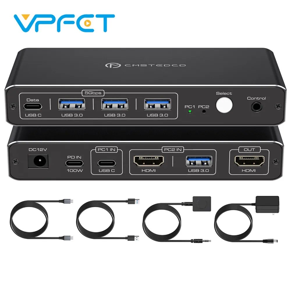 VPFET KVM-переключатель, 1 монитор 2 ПК, 4K@60 Гц, USB C HDMI KVM-переключатель 2 порта для 1 ноутбука 1 настольного компьютера, 1 общий монитор, Клавиатура, Мышь, Принтер