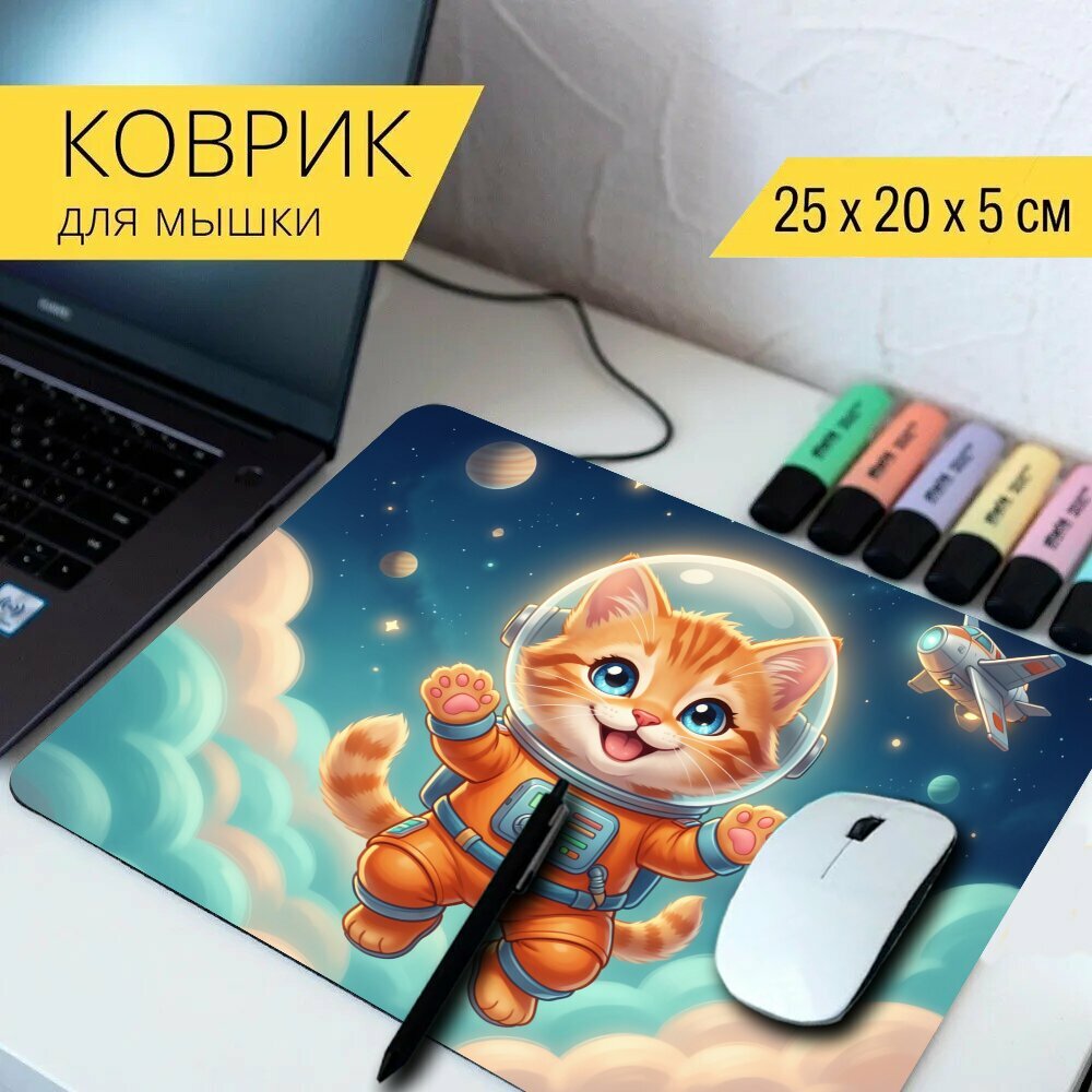 Коврик для мыши с принтом "Котенок в космическом скафандре. Милый рыжий пушистик в шлеме и оранжевой экипировке парит среди облаков и звезд, рядом планеты и ракета. Яркая." 25x20см.