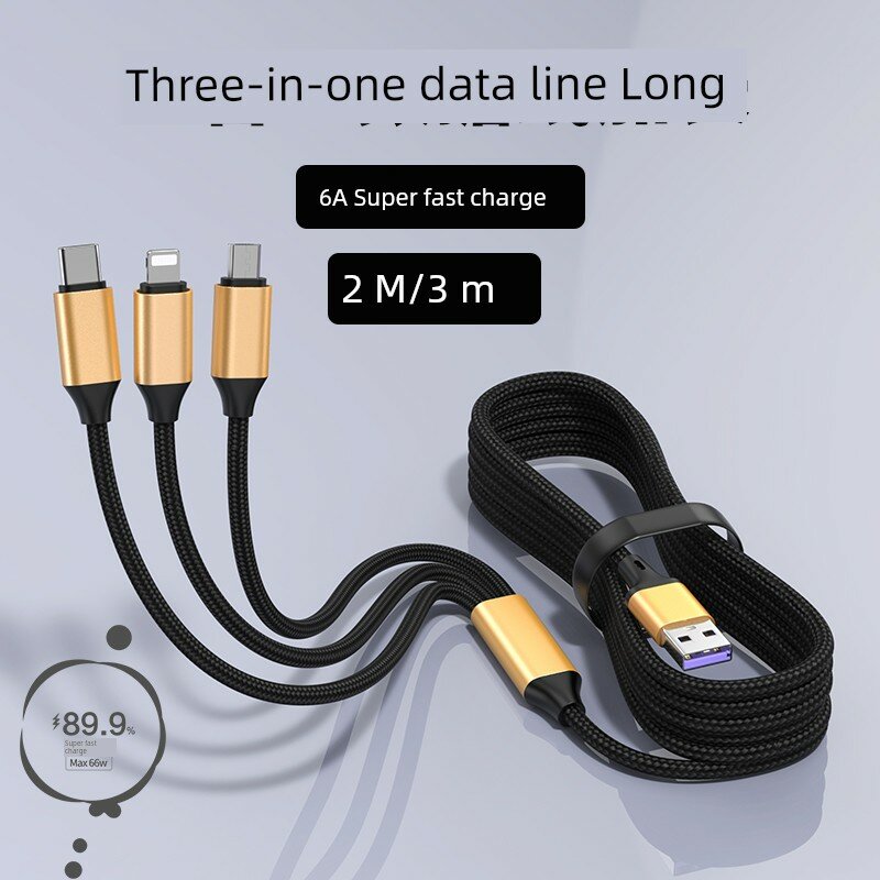 2м Нейлоновый Черный Набивной USB-C Зарядный Кабель с 3-в-1 Разветвлением на 25см - Совместимость с Honor, Vivo, Apple,