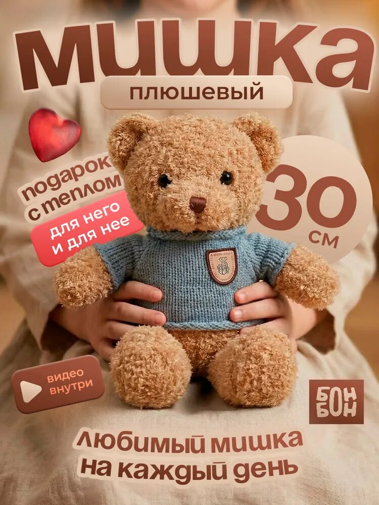 Мишка плюшевый в свитере 30 см, капучино / Медведь плюшевый подарок для девочки / Мишка в одежде