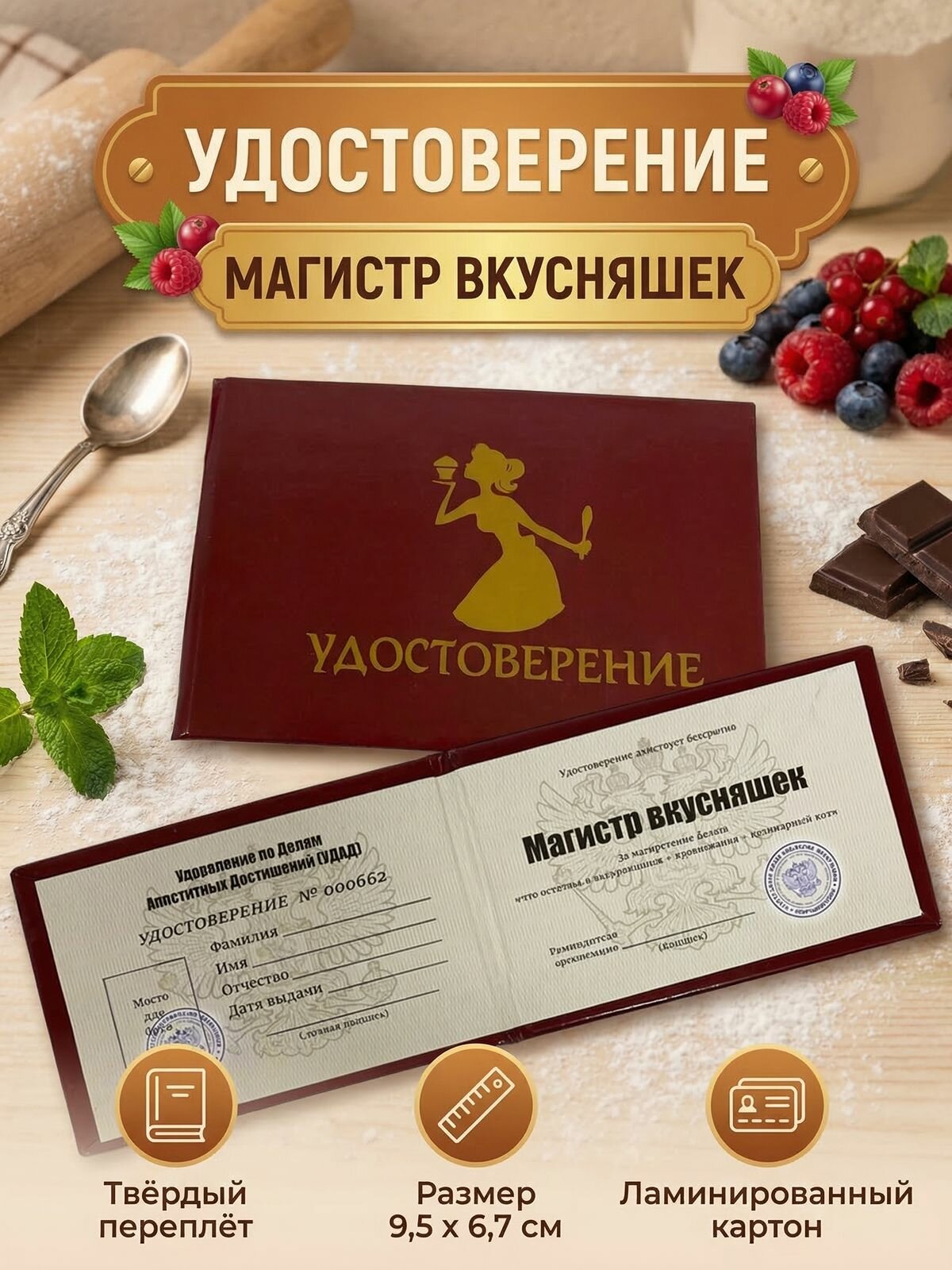 Сувенирное шуточное удостоверение "Магистр вкусняшек" прикол