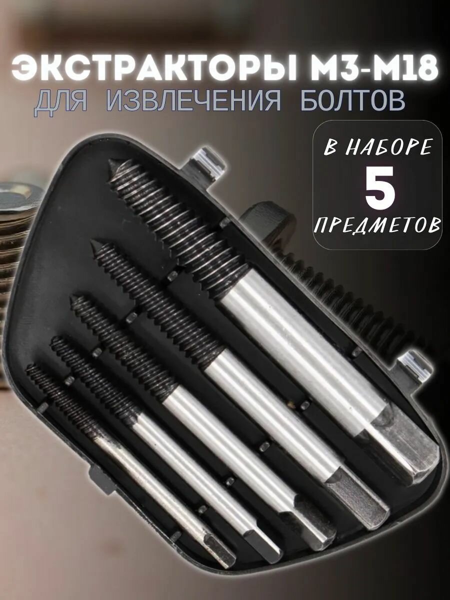 Экстрактор для болтов набор 5 шт М3-М18 — экстракторы для саморезов и гаек, быстрорежущая сталь, пластиковый футляр