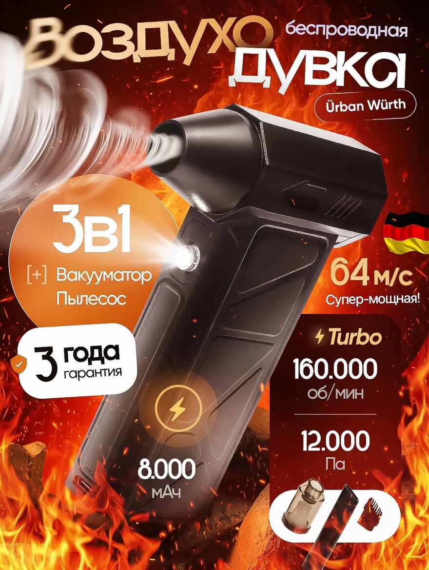 Воздуходувка URBANWURTH, аккумуляторная, Li-Ion, всасывание, обдув, для ПК и авто
