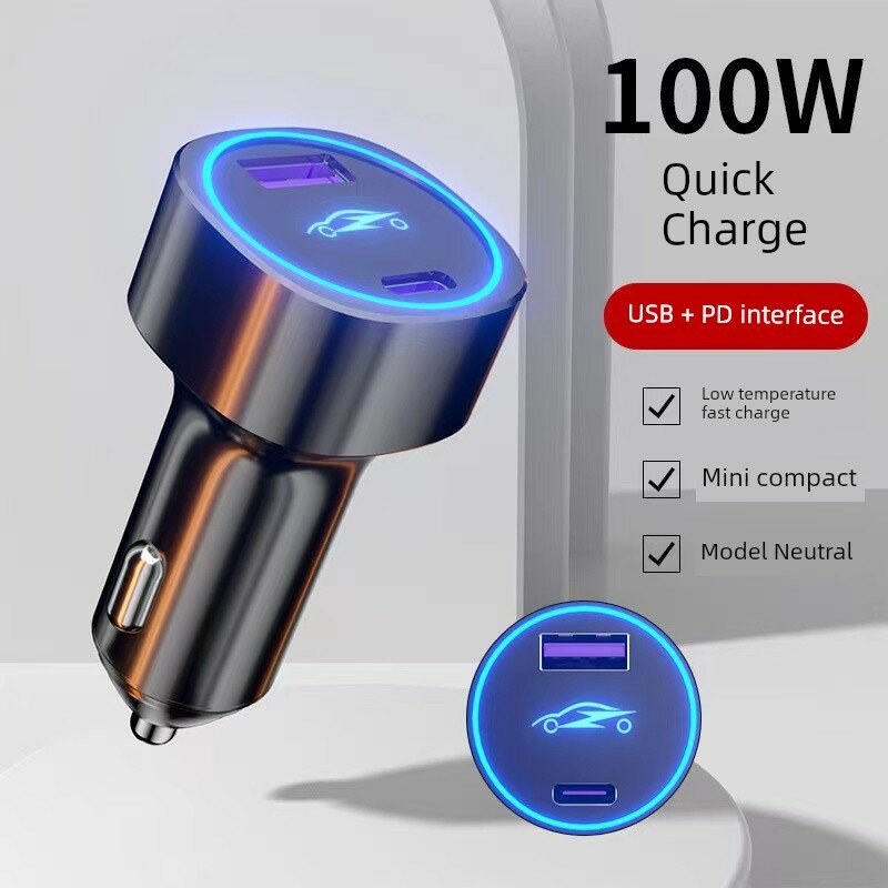 Автомобильный зарядный адаптер 2-портовый с USB и PD для быстрой зарядки 100 Вт, универсальный для прикуривателя,