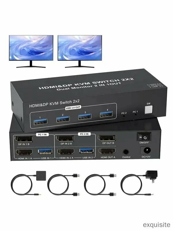 KVM-переключатель HDMI DP, 2 монитора, 2 компьютера 4K@60Hz 4xUSB 3.0 с пультом дистанционного управления и адаптером питания
