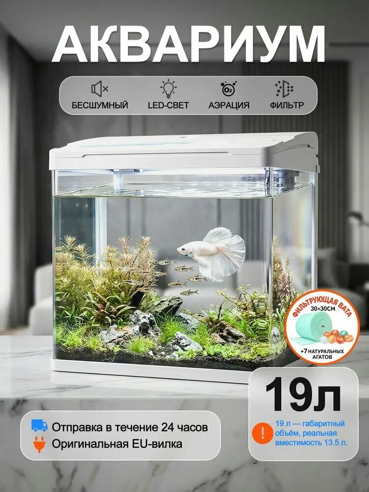 ZHONE Аквариум 19 л настольный с фильтром и LED подсветкой, стеклянный 5 мм, тихий комплект для начинающих дома и офиса