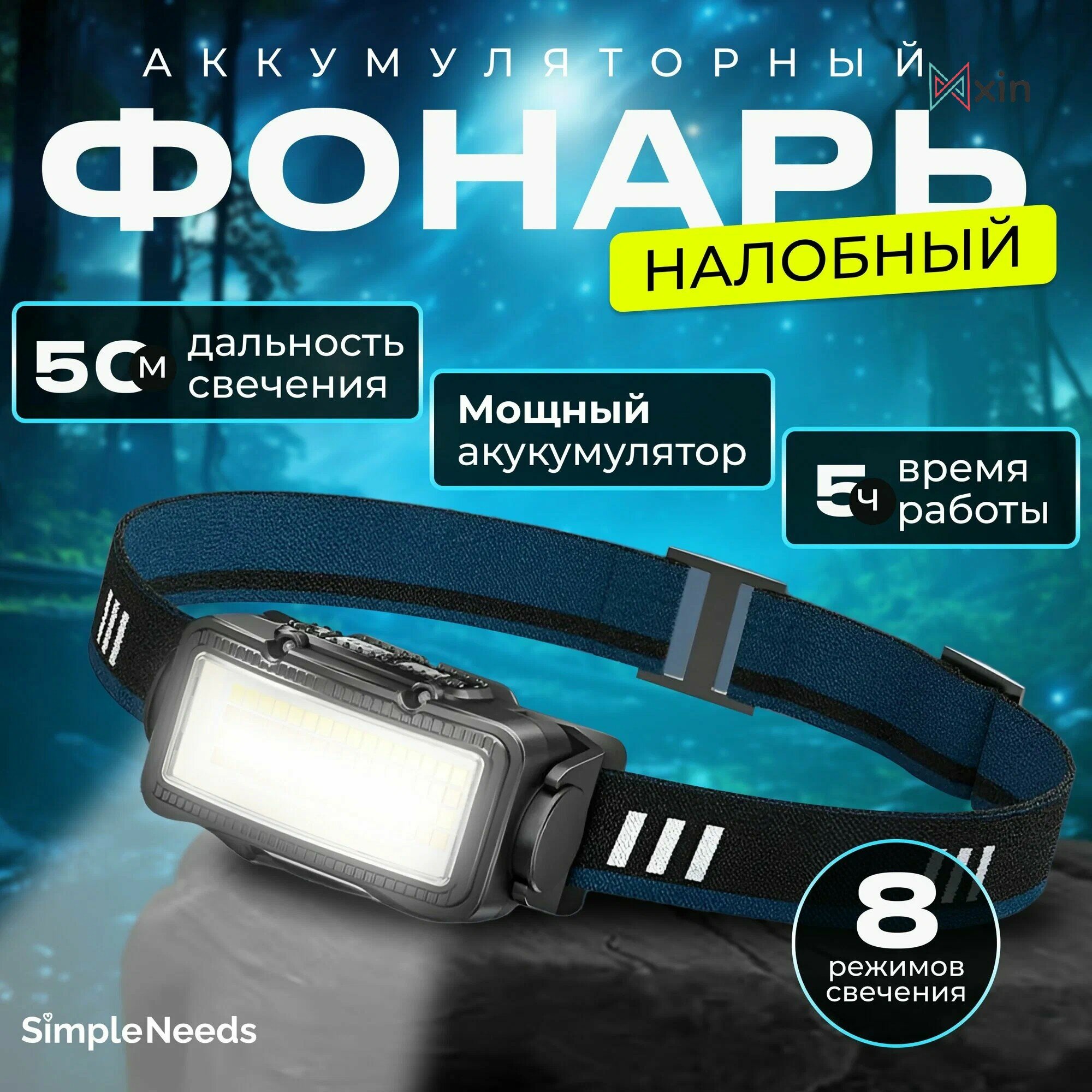 Фонарь налобный аккумуляторный светодиодный с функцией управления жестами 8 режимов
