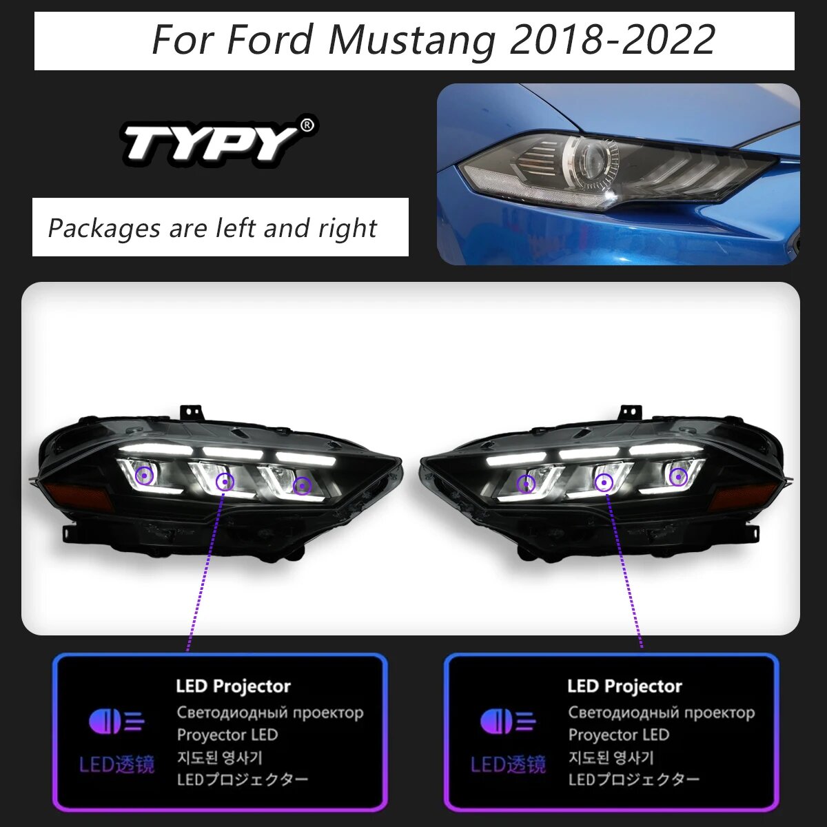 Фары TYPY для Ford Mustang 2015-2022 LED-автолампы Дневные ходовые огни Динамические поворотные сигналы Автомобильные аксессуары