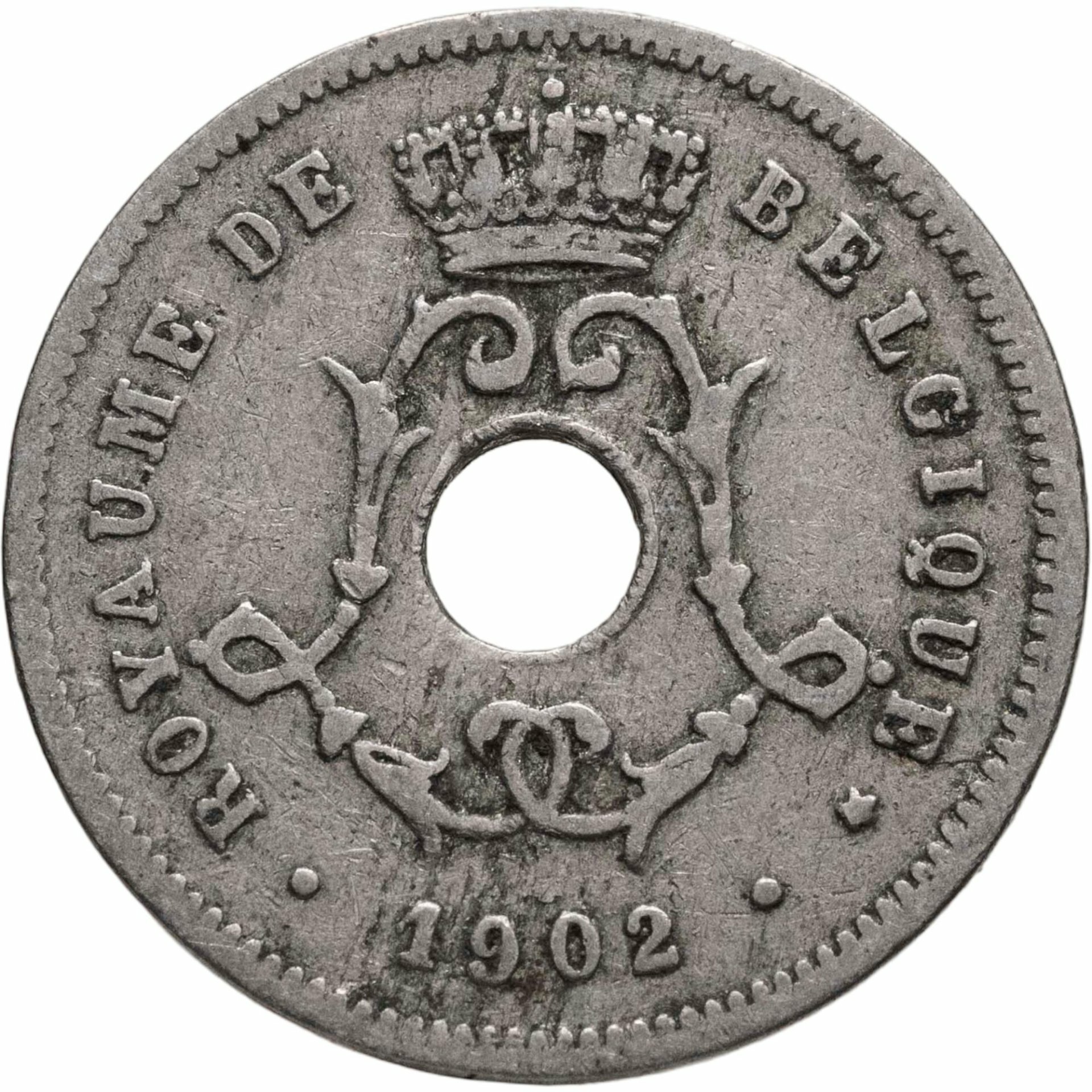 Бельгия 5 сантимов centimes 1902 Надпись на французском - 'BELGIQUE', Мельхиор медь-никель, в сохранности VF