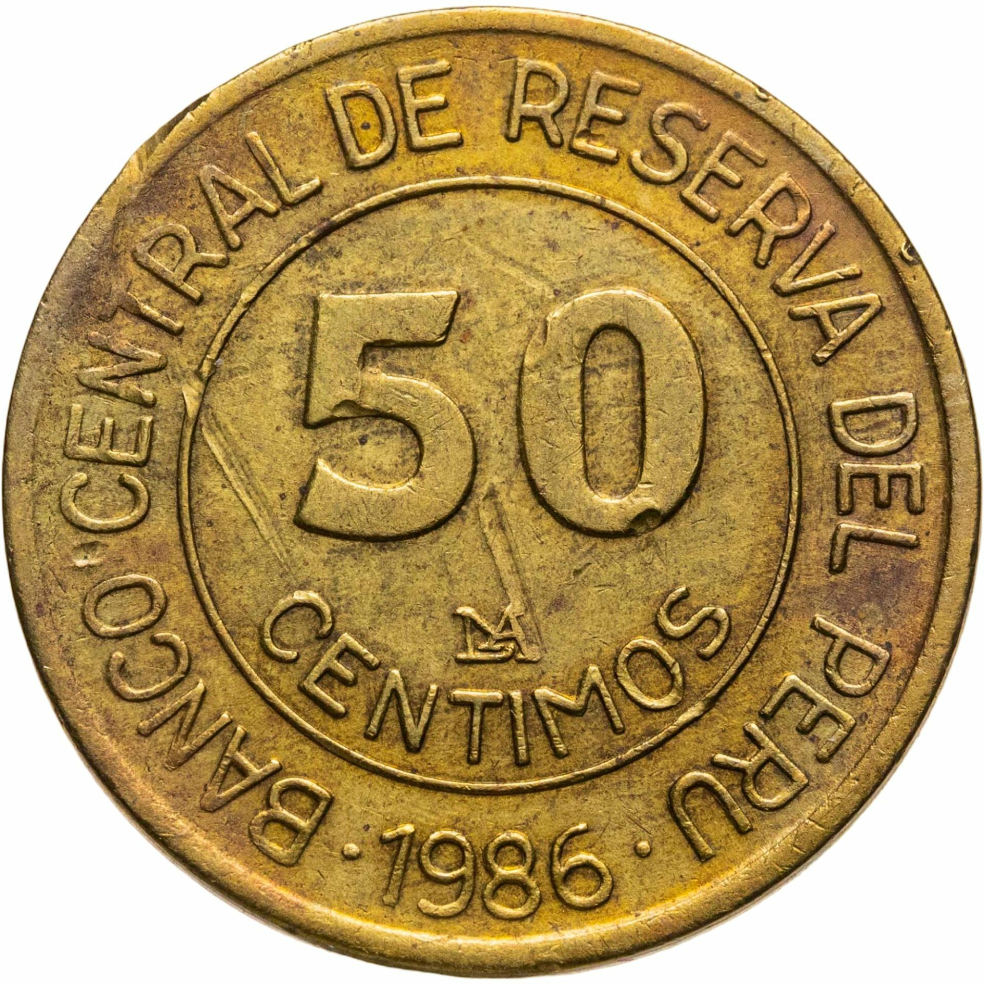 Перу 50 сентимо centimos 1986, Латунь, в сохранности VF