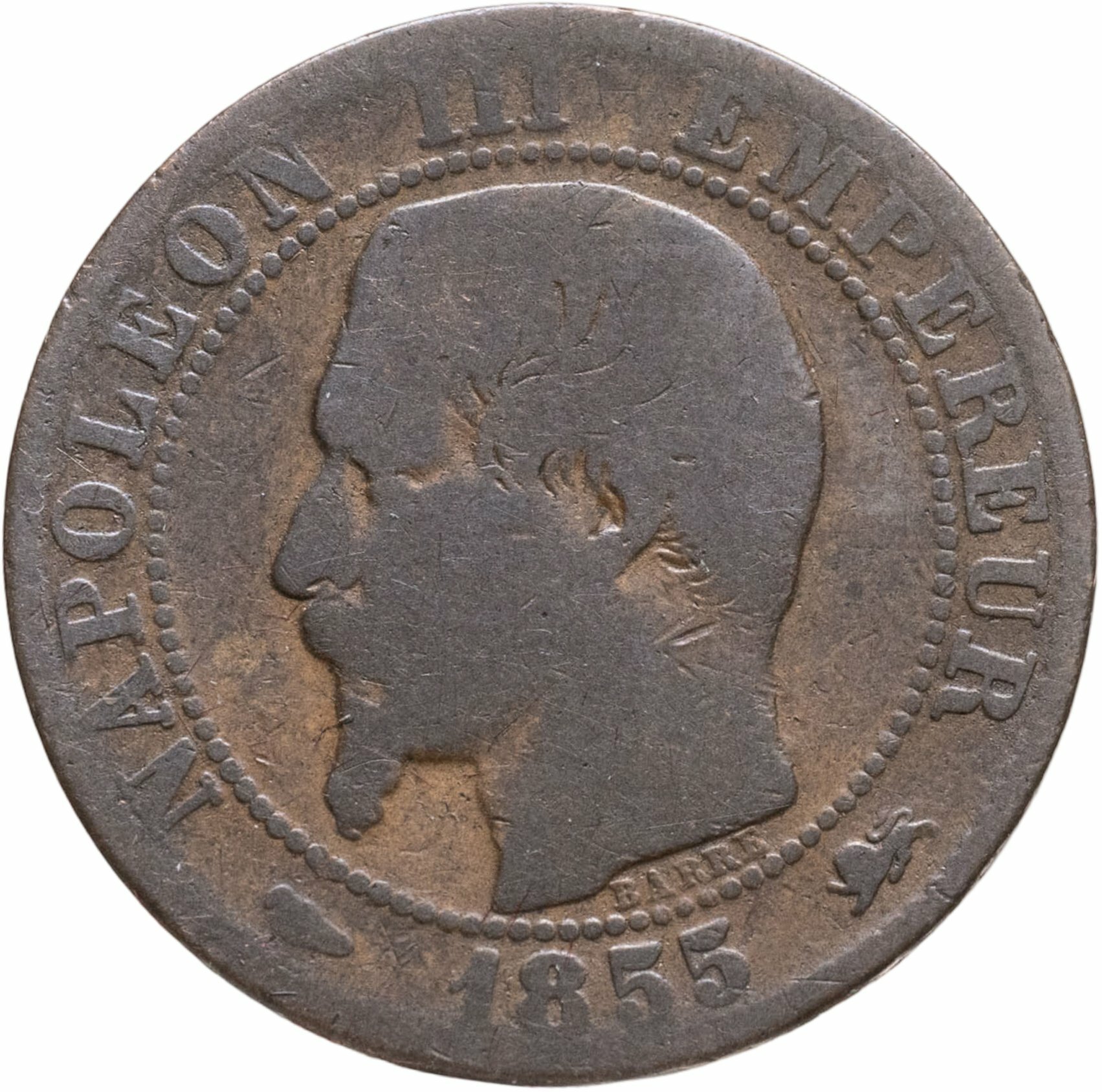 Франция 5 сантимов centimes 1855 D знак монетного двора: "D" - Лион, Бронза, в сохранности F
