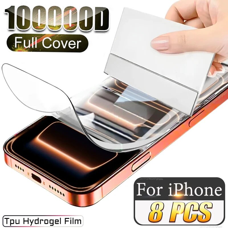 Комплект из 8 гидрогелевых пленок TPU с полным покрытием для iPhone 17, 16 Pro For iPhone 15 Pro