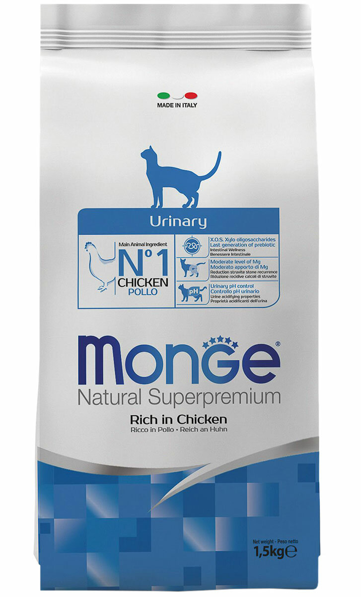 Корм сухой Monge Cat Urinary Chicken для взрослых кошек при мочекаменной болезни, курица, 1,5 кг