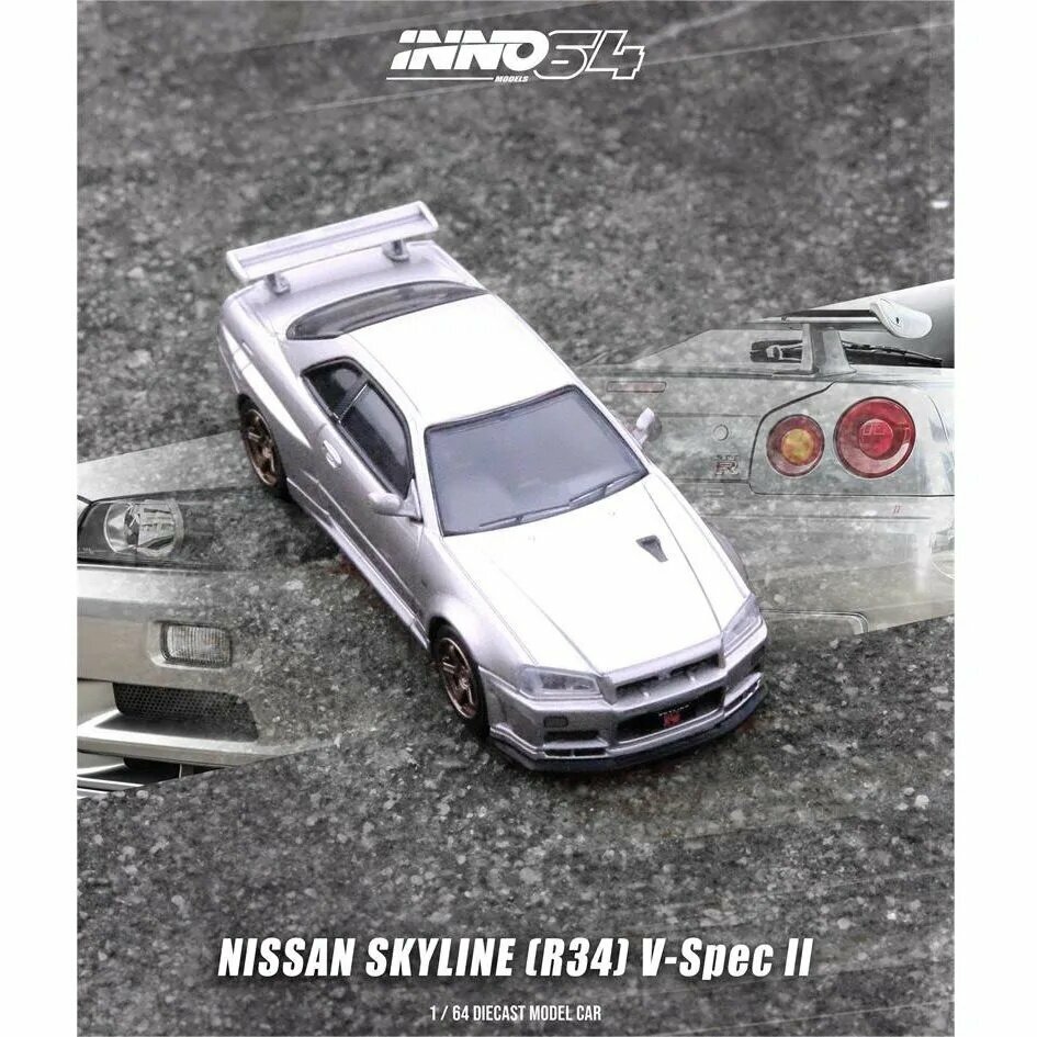 Цзинъянь-Машинка INNO 1/64 NISSAN SKYLINE GT-R (R34) V-Spec II Silver IN64-R34VS-SIL Die-cast Alloy Model Collection Gift