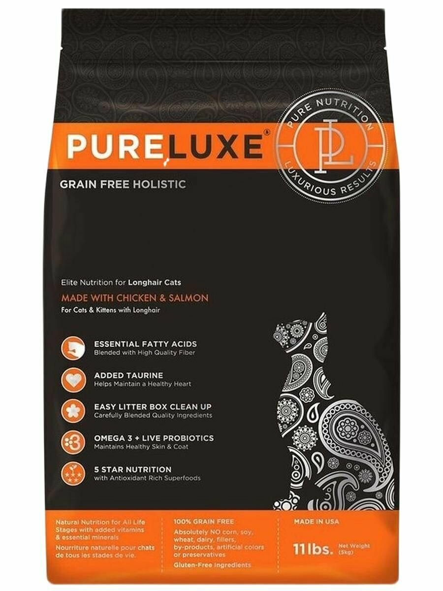 Сухой беззерновой корм PureLuxe Пурлюкс для длинношерcтных кошек с курицей и лососем 5 кг