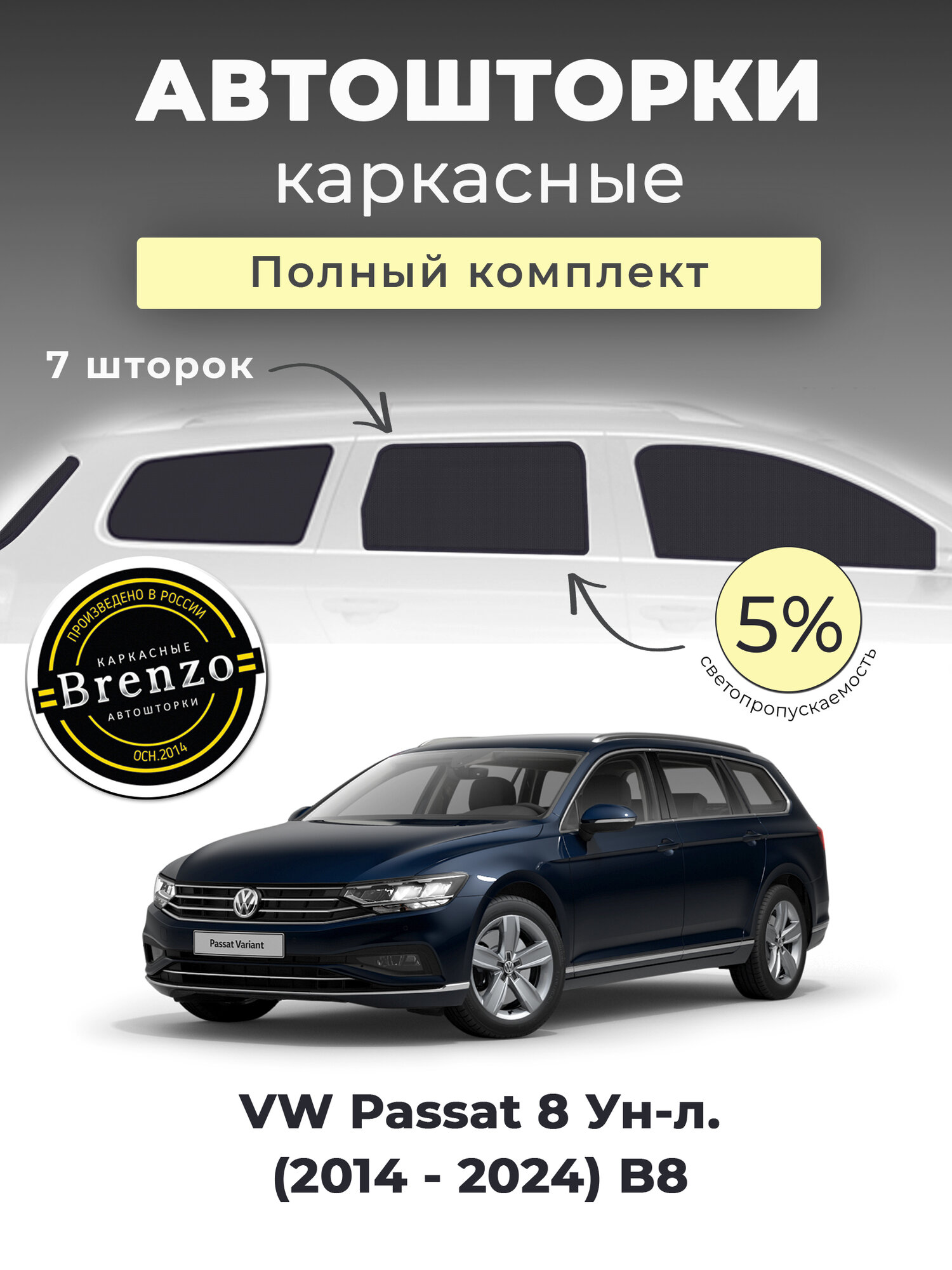 Каркасные шторки VW Passat 8 Ун-л. (2014 - 2024) B8 полный комплект 5%, сетки от солнца в машину