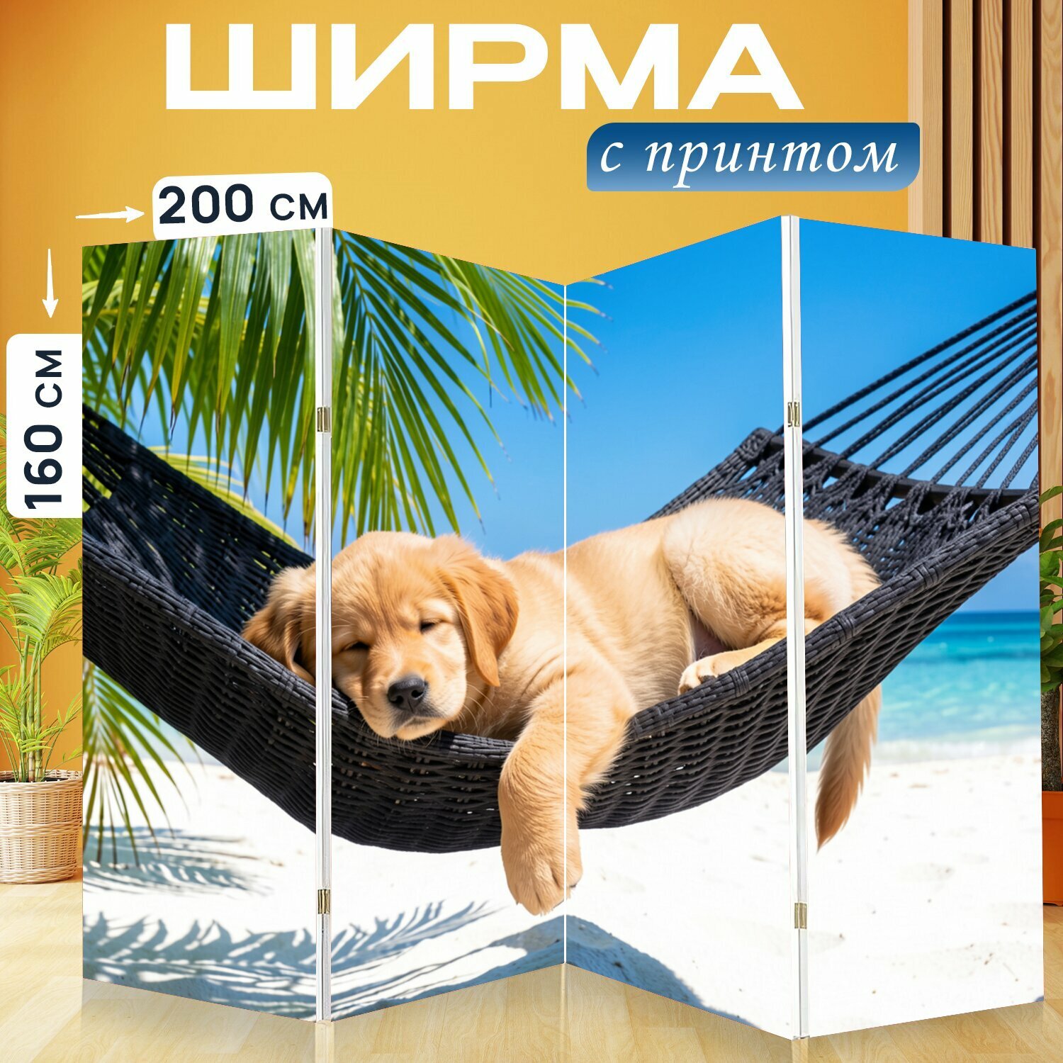 Ширма "Щенок в гамаке на пляже. Ласковый щенок золотистого окраса отдыхает в плетёной подвесной сетке у моря." перегородка для зонирования комнаты с принтом 200x160 см. на холсте