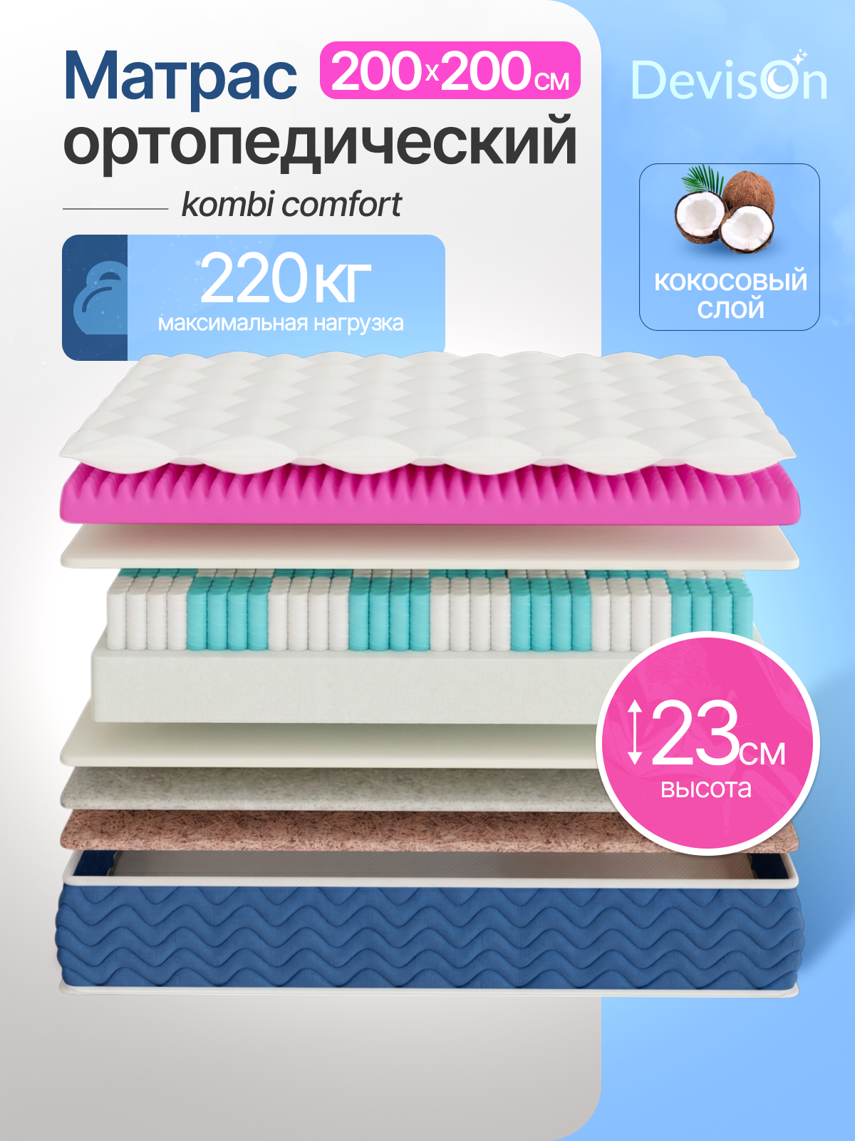 Матрас 200х200 пружинный ортопедический Devison Kombi Comfort