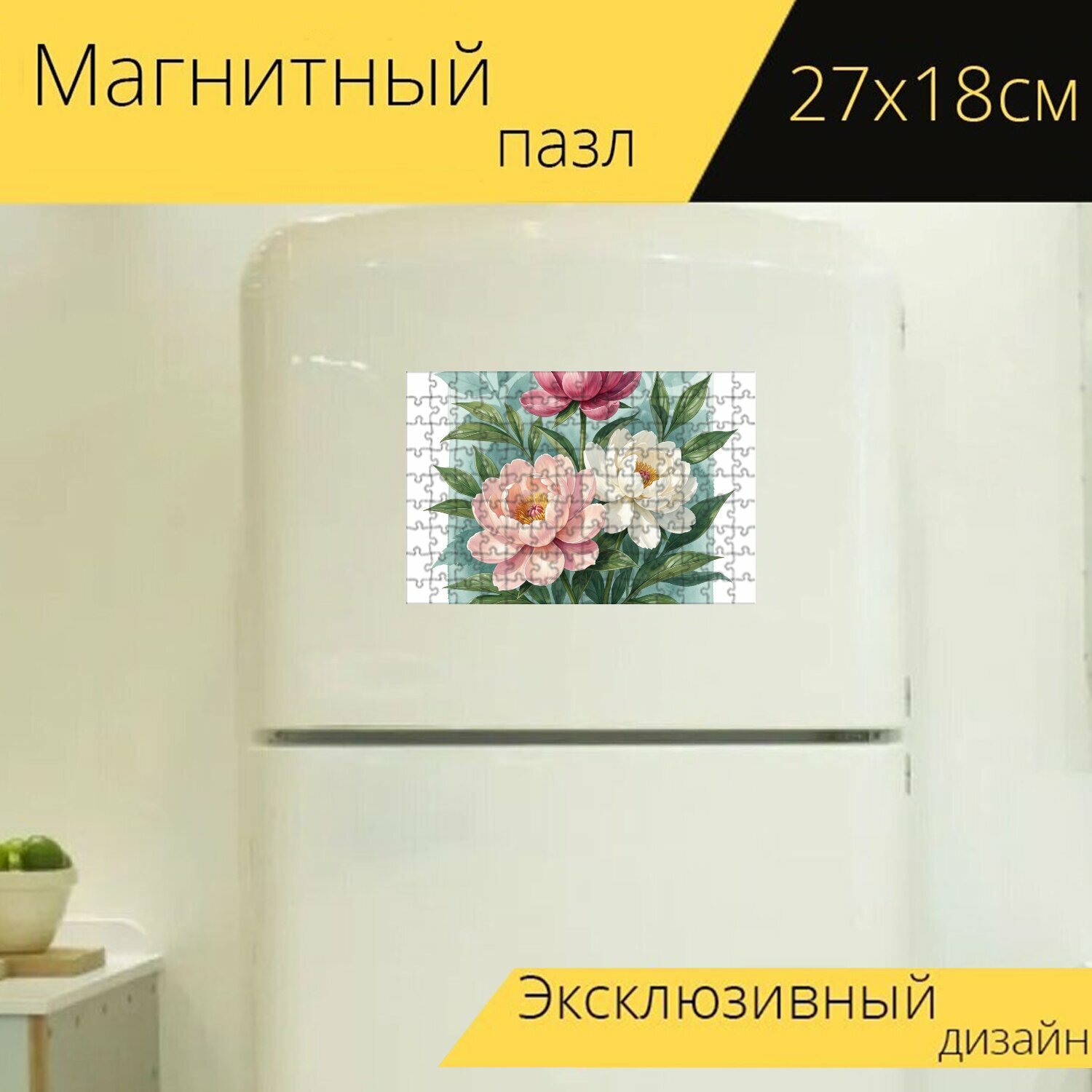 Магнитный пазл "Цветущие пионы в акварели. Нежная ботаническая композиция с крупными махровыми бутонами в розовых, белых и сливовых оттенках, сочная." на холодильник 27 x 18 см.