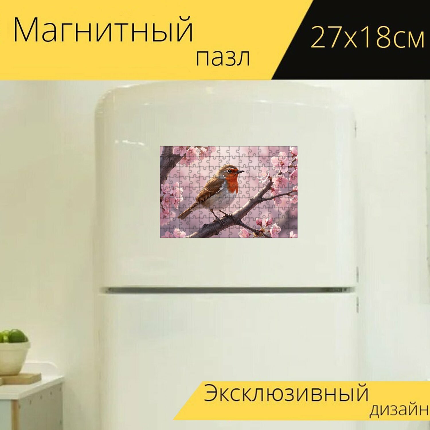 Магнитный пазл "Птица среди цветущих веток. Нежная весенняя сцена с маленькой певчей птицей на ветке сакуры, розовые цветы, мягкий размытый фон." на холодильник 27 x 18 см.