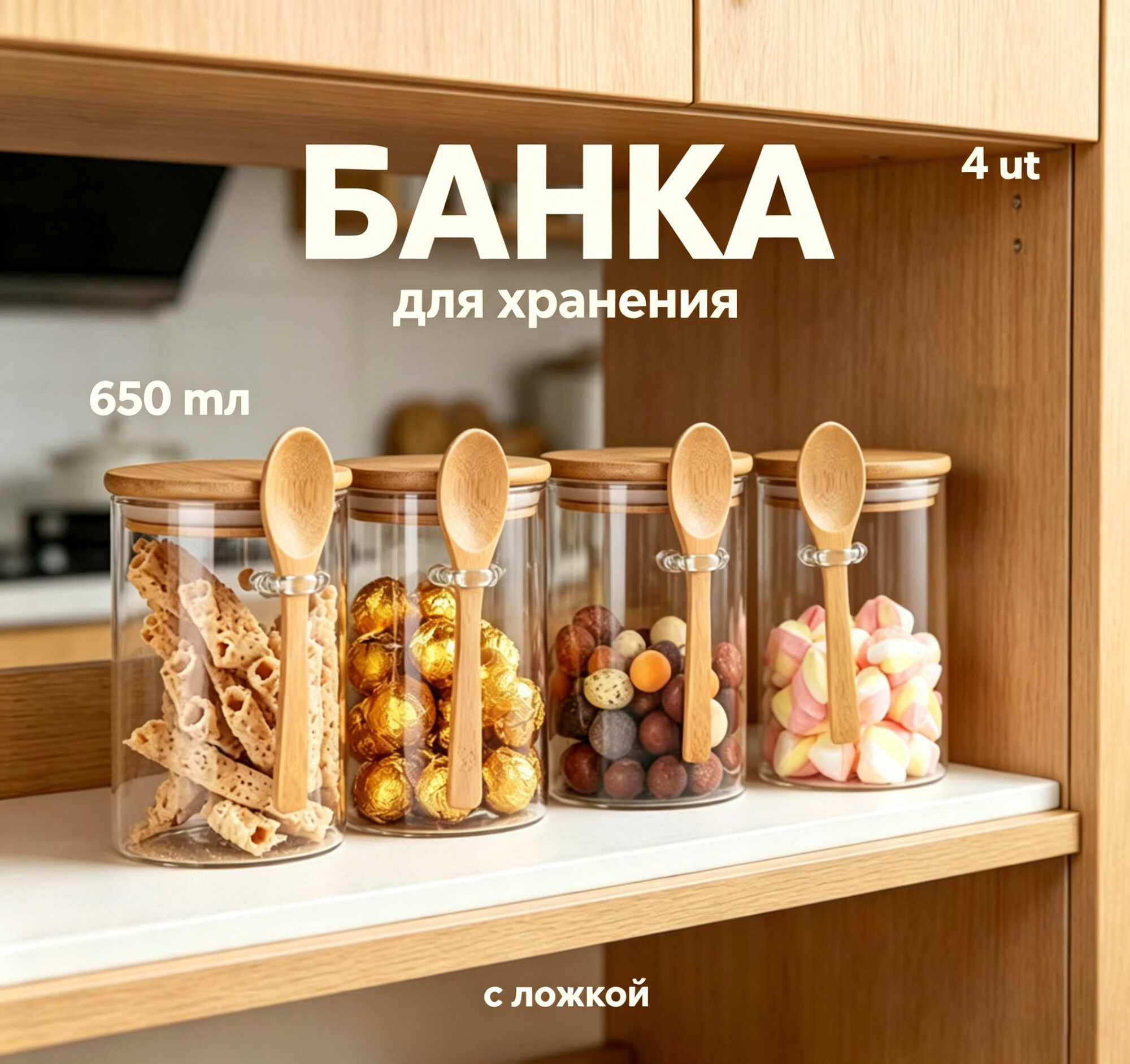 Банка стеклянная для сыпучих продуктов с бамбуковой крышкой и ложкой,8.5 x 12 cm,650 мл, 4 шт