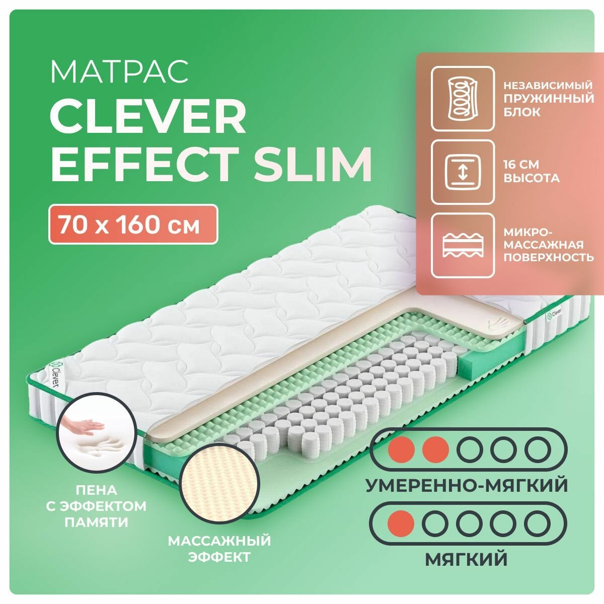 Матрас 70х160 Clever Effect Slim, независимые пружины, двусторонний с разной жесткостью, мягкий, полумягкий, memory foam пенополиуретан, детский 160х70