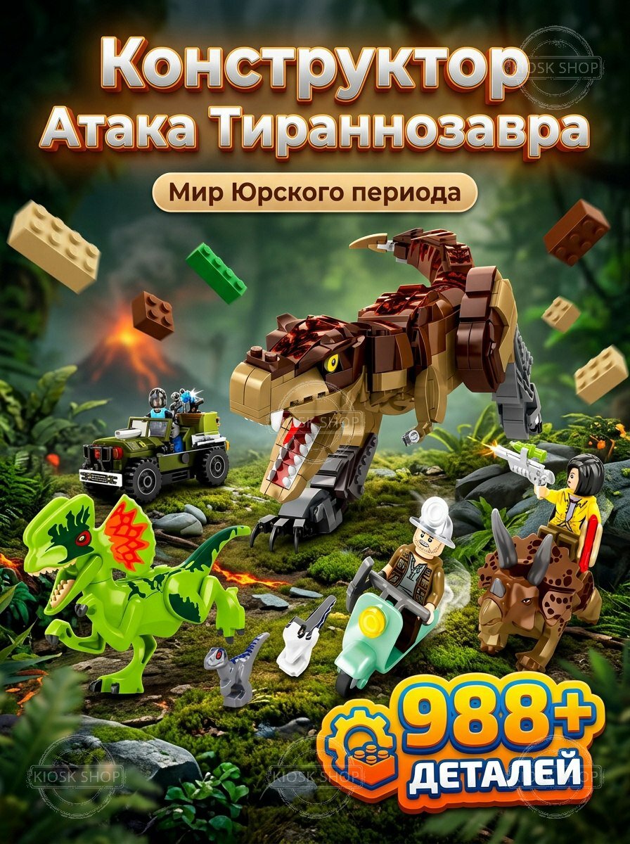 Конструктор Динозавр, Атака тираннозавра 988 деталей, игрушки для мальчиков от 6 лет