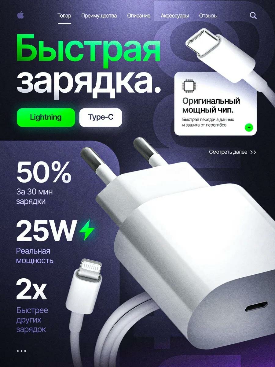 Комплект зарядного устройства для iPhone Мощность 20W, адаптер Type-C, кабель Type-C / Lightning, Быстрая зарядка